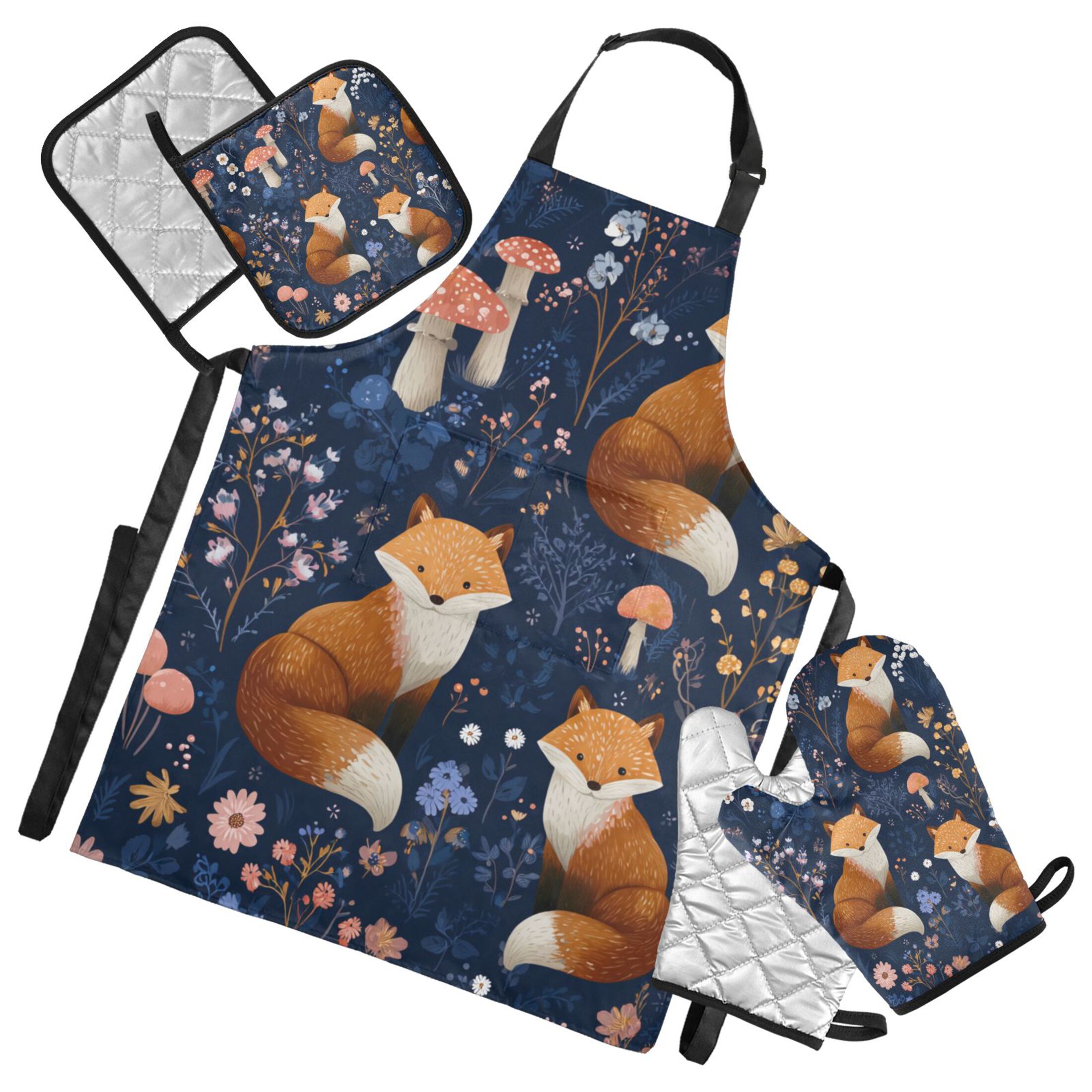 Cute Foxes with Mushrooms Flowers Apron Set with Oven Mitts Pot Holders ...