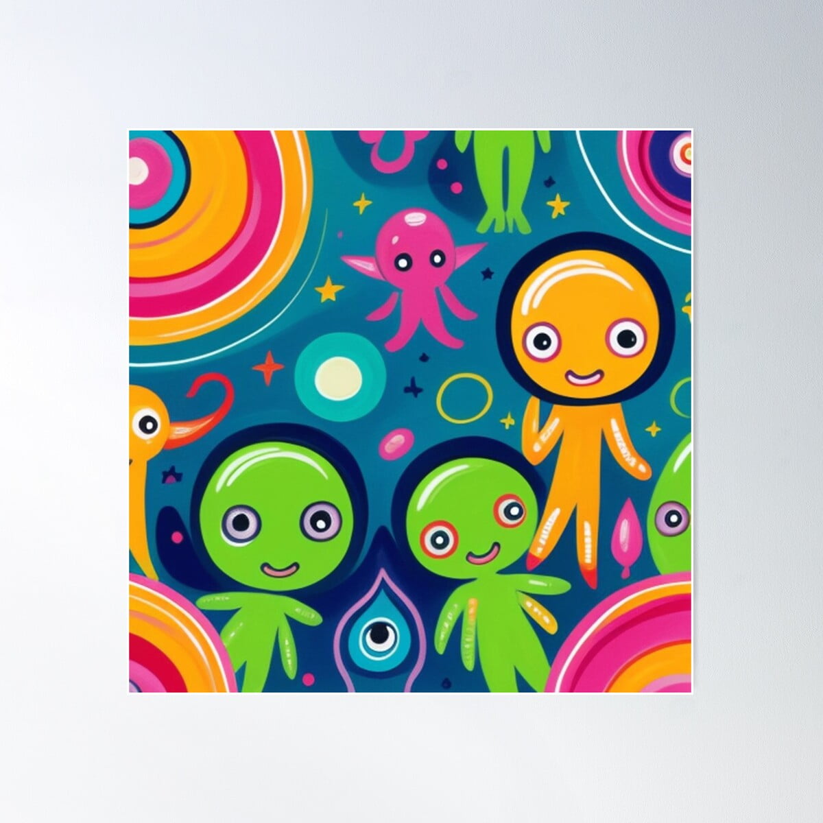 Cute Friendly Aliens Poster Wall Art, Modern Wall Decor For Living Room ...