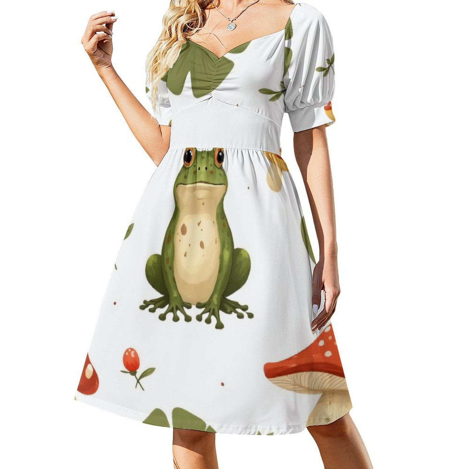 Cute Frog And Mushrooms Pattern Summer Women's Dress 2025 Elegant ...