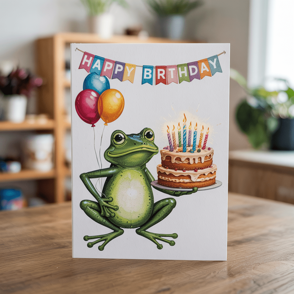 Cute Frog Birthday Card with Cake and Balloons - Fun Greeting Card for ...