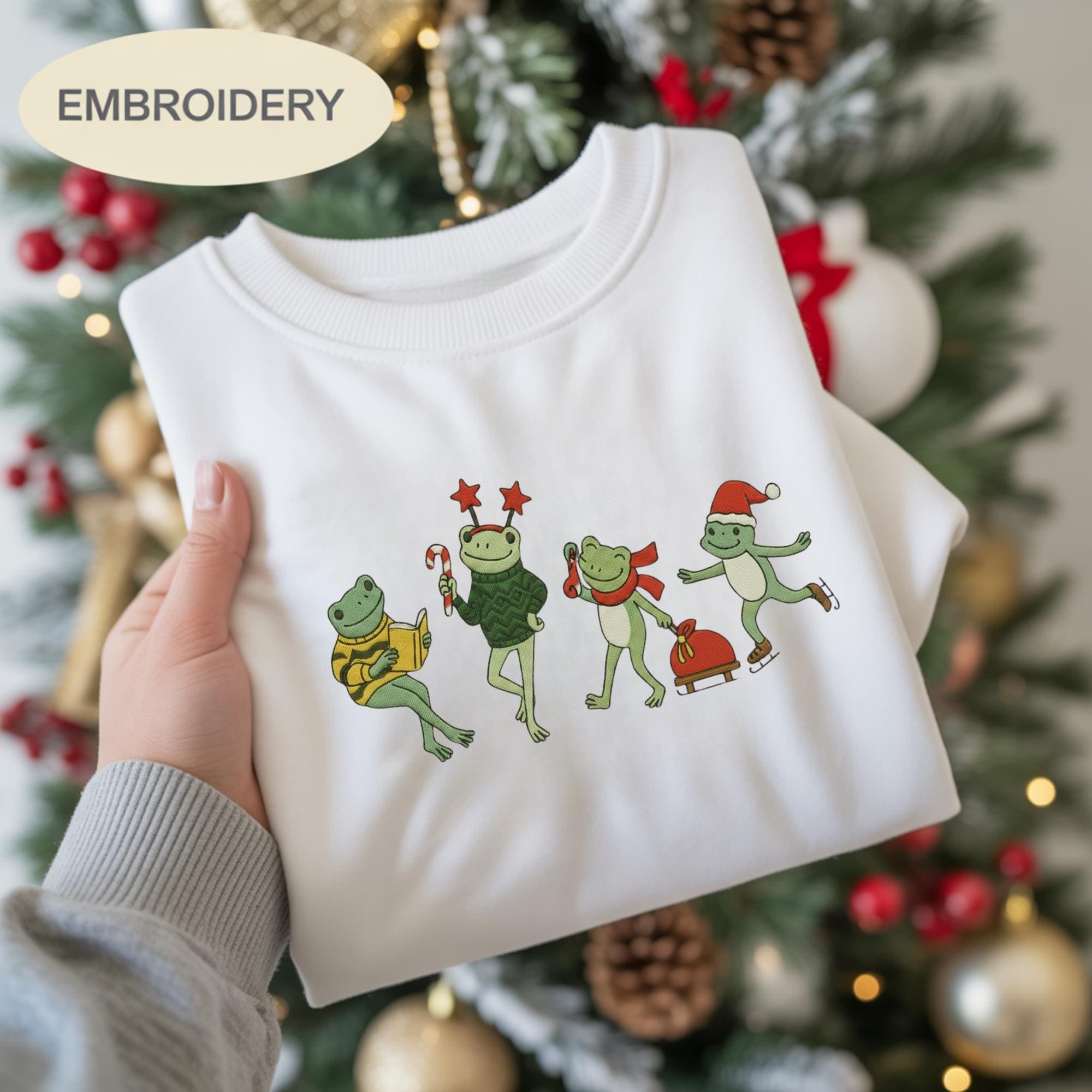 Cute Frog Christmas Embroidered Sweatshirt, Christmas Animal Sweater ...