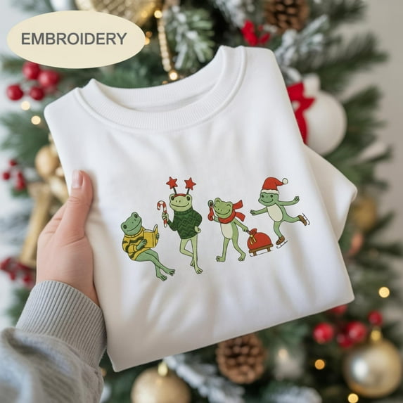 Cute Frog Christmas Embroidered Sweatshirt, Christmas Animal Sweater ...