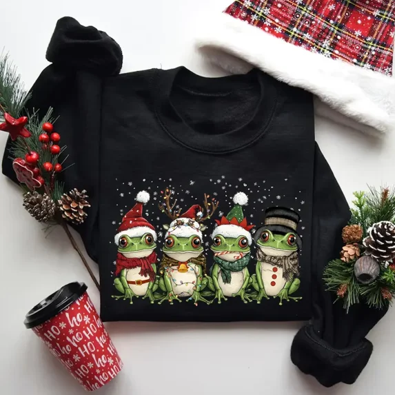 Cute Frog Christmas Sweatshirt, Festive Holiday Frog Squad Graphic ...