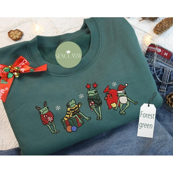 Cute Frog Christmas Tree Embroidered Sweatshirt, Christmas Animal ...
