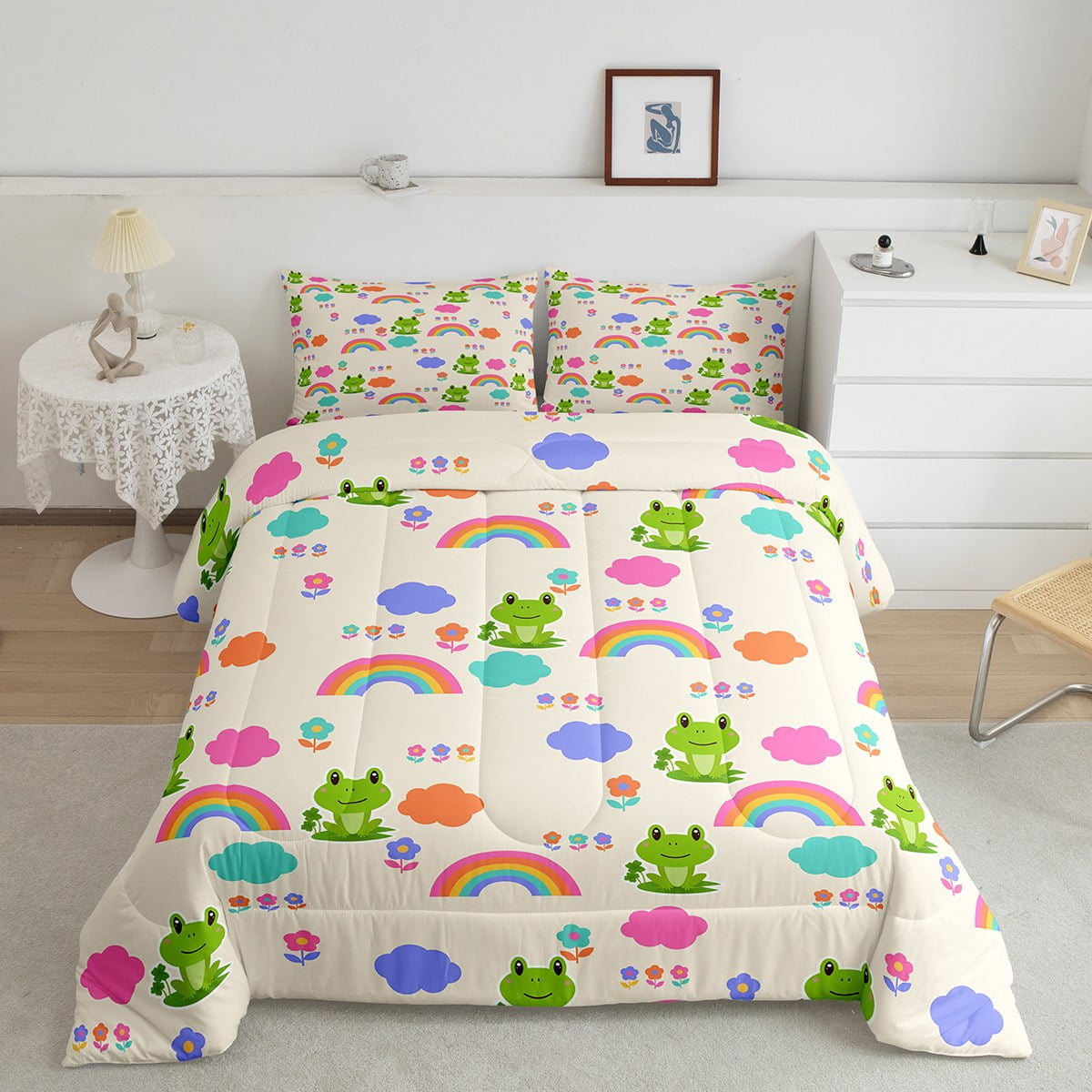 Cute Frog Comforter Set Twin for Boys Girls Flower Bedding Set, Cartoon ...