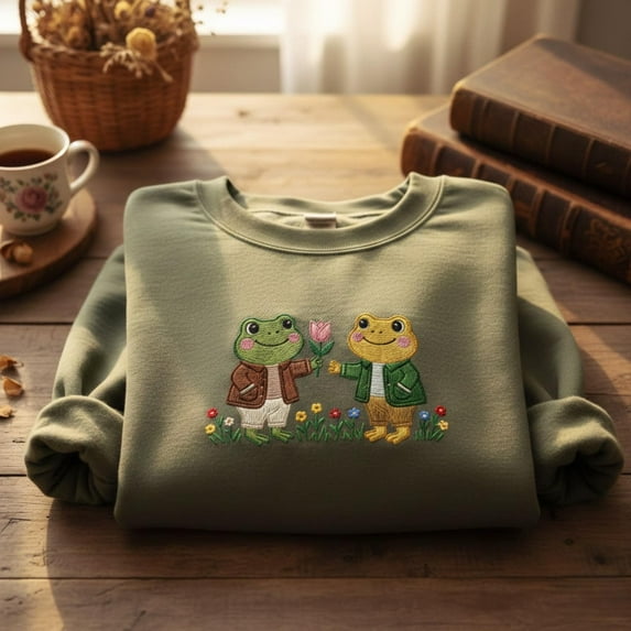 Cute Frog Couple Embroidered Sweatshirt Romantic Cottagecore Animal ...