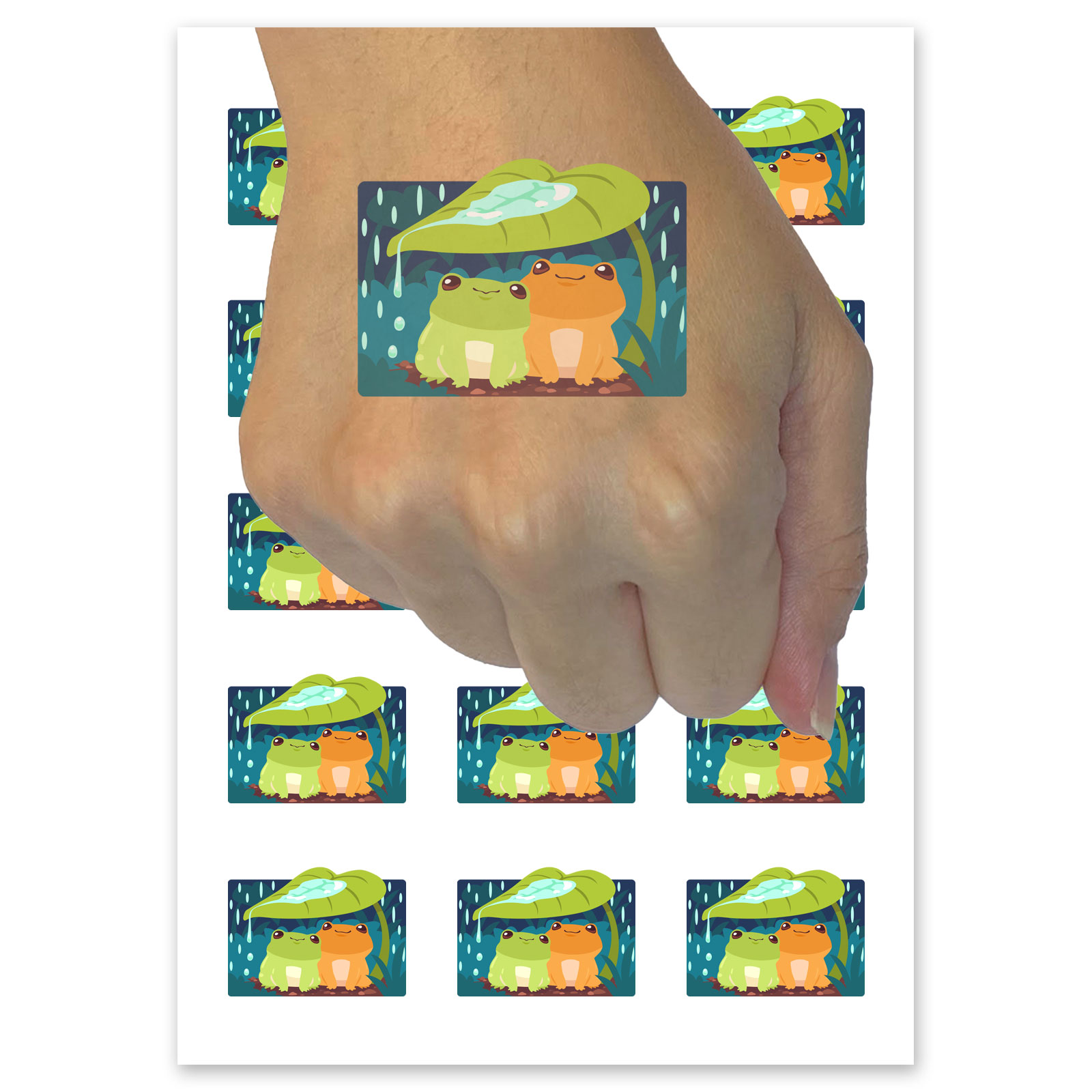 Cute Frog Couple Hiding From Rain Temporary Tattoo Water Resistant Fake ...