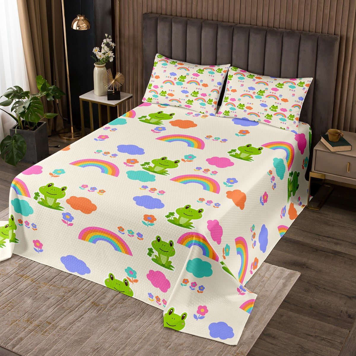 Cute Frog Coverlet Twin Size for Boys Girls Flower Bedding Set, Cartoon ...