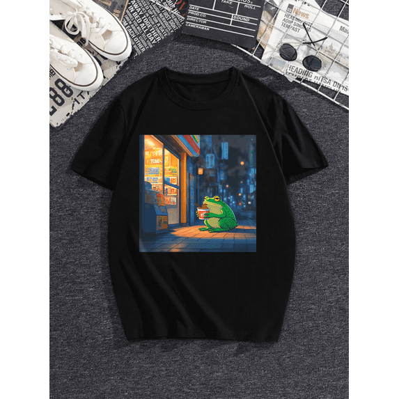 Cute Frog Eating Noodles Graphic T-Shirt, Funny Cartoon Animal Short ...