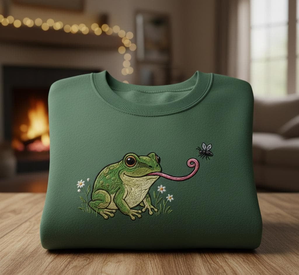 Cute Frog Embroidered Sweatshirt with Fly Detail, Nature Animal ...