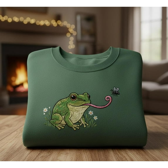 Cute Frog Embroidered Sweatshirt with Fly Detail, Nature Animal ...