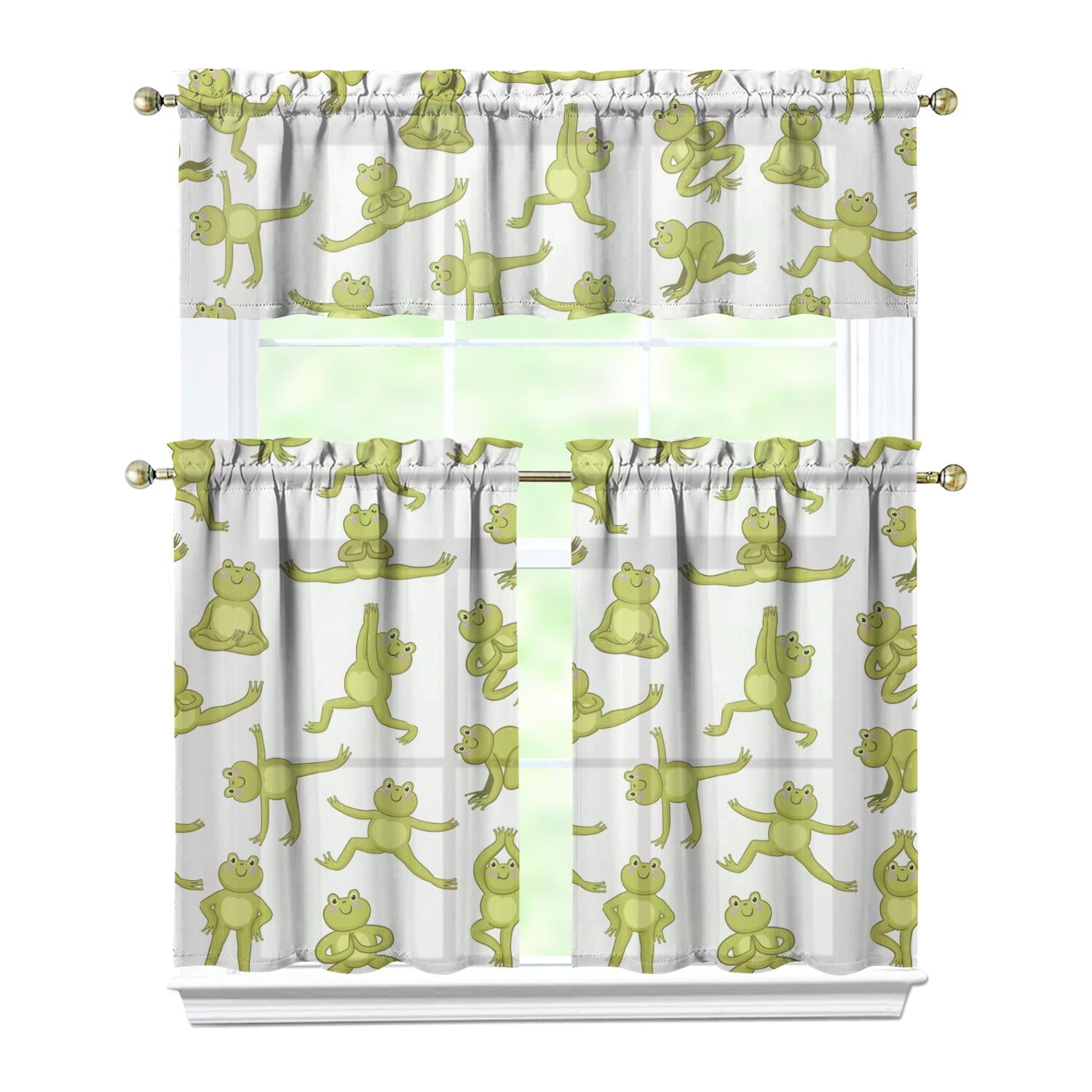 Cute Frog & Flower Print Kitchen Curtains 3-Piece Set - Green Forest ...