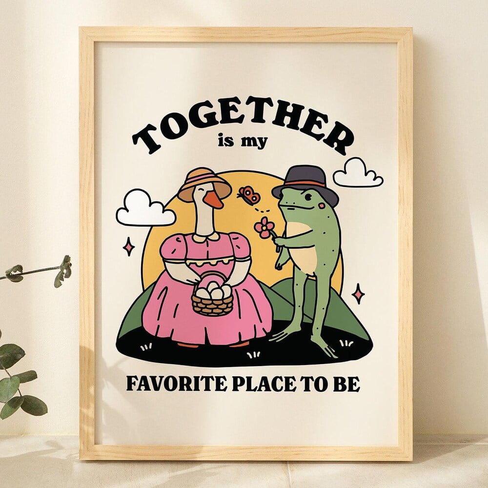 Cute Frog & Goose Print, Together Pink Dress, Wall Decor, Colorful ...