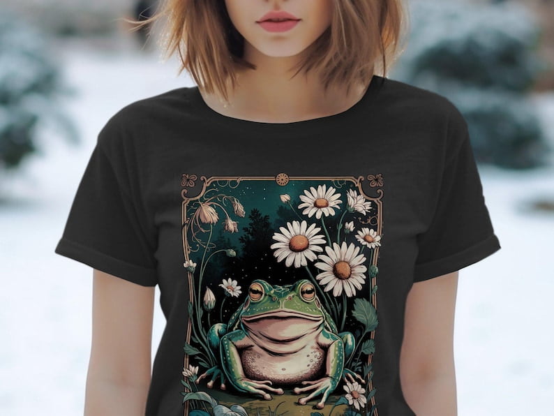 Cute Frog Illustrated Floral Design T-Shirt, Nature Lover Frog Tee ...
