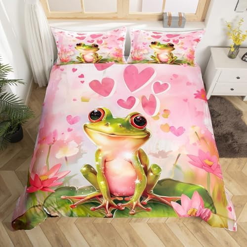 Cute Frog Kid Duvet Cover Set Queen Size, Pink Lotus Flower Hearts ...