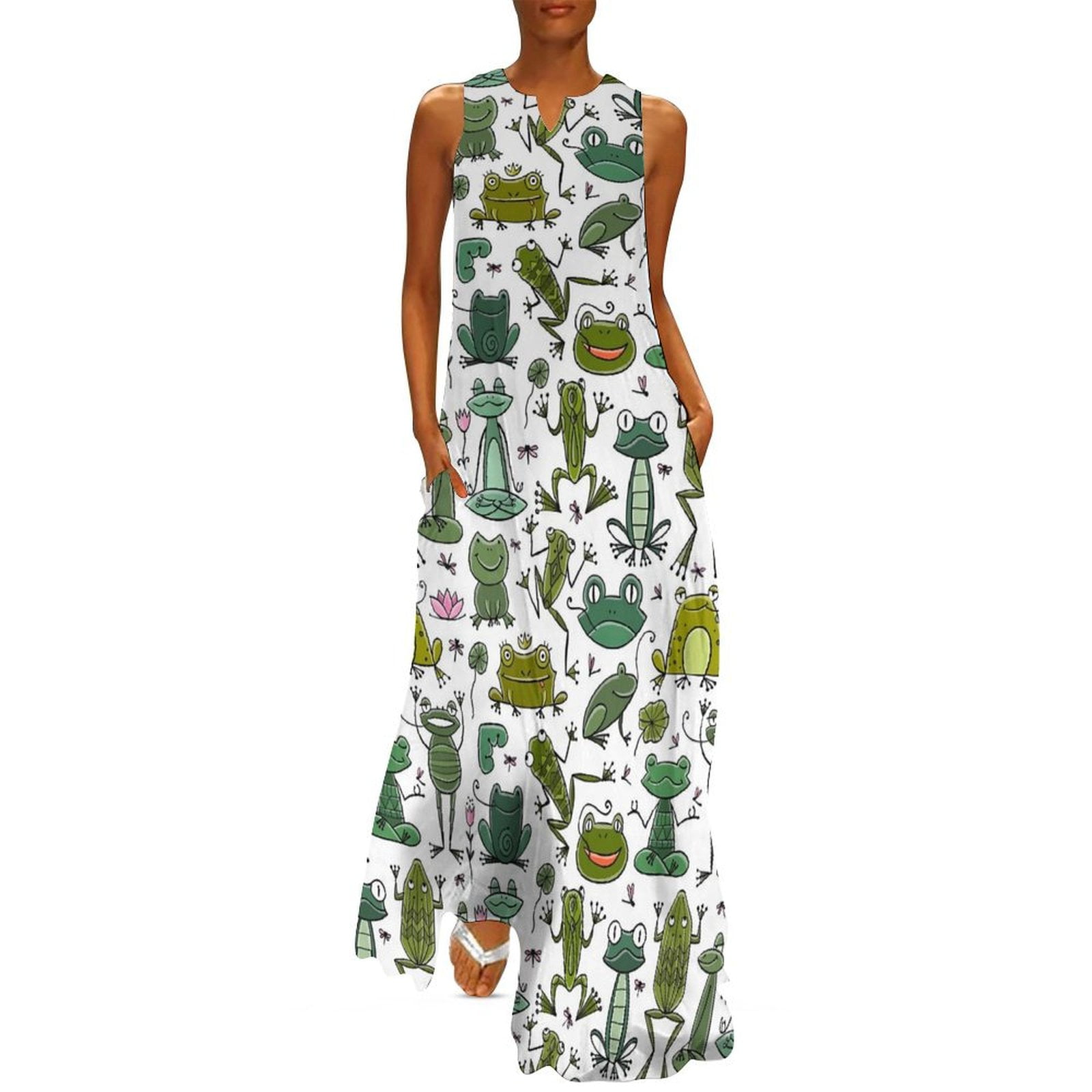 Cute Frog Lotus Dress Pink Flowers Kawaii Maxi Dress V Neck Printed ...