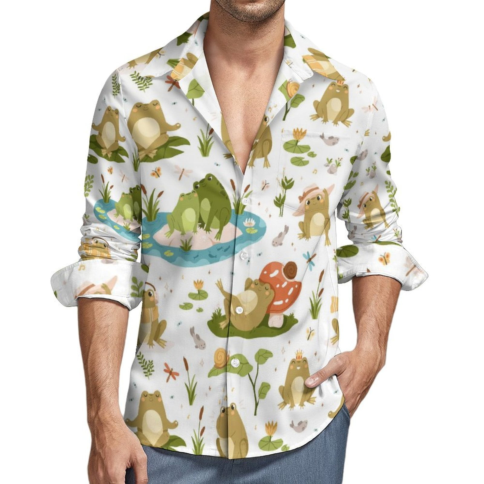 Cute Frog Mens Long Sleeve Button Down Shirts, Casual Men's Button Up ...