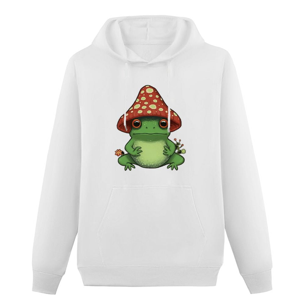 Cute Frog Mushroom Hat Cottagecore Aesthetic Pullover Hoodie White
