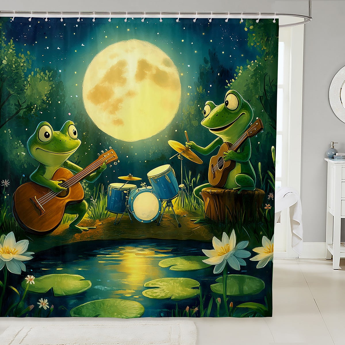 Cute Frog Shower Curtain Musical Instrument Guitar Bathroom Curtain ...