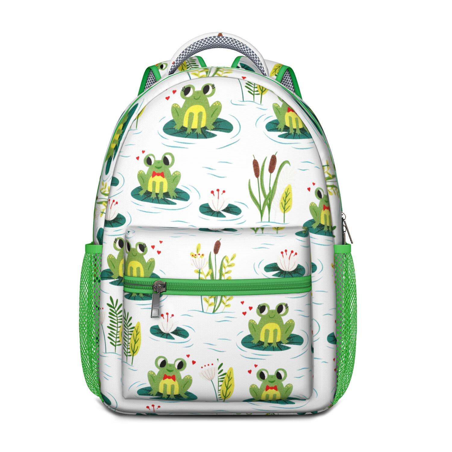 Cute Frog and Flower Print School Backpack – Green Frog Cartoon Pattern ...