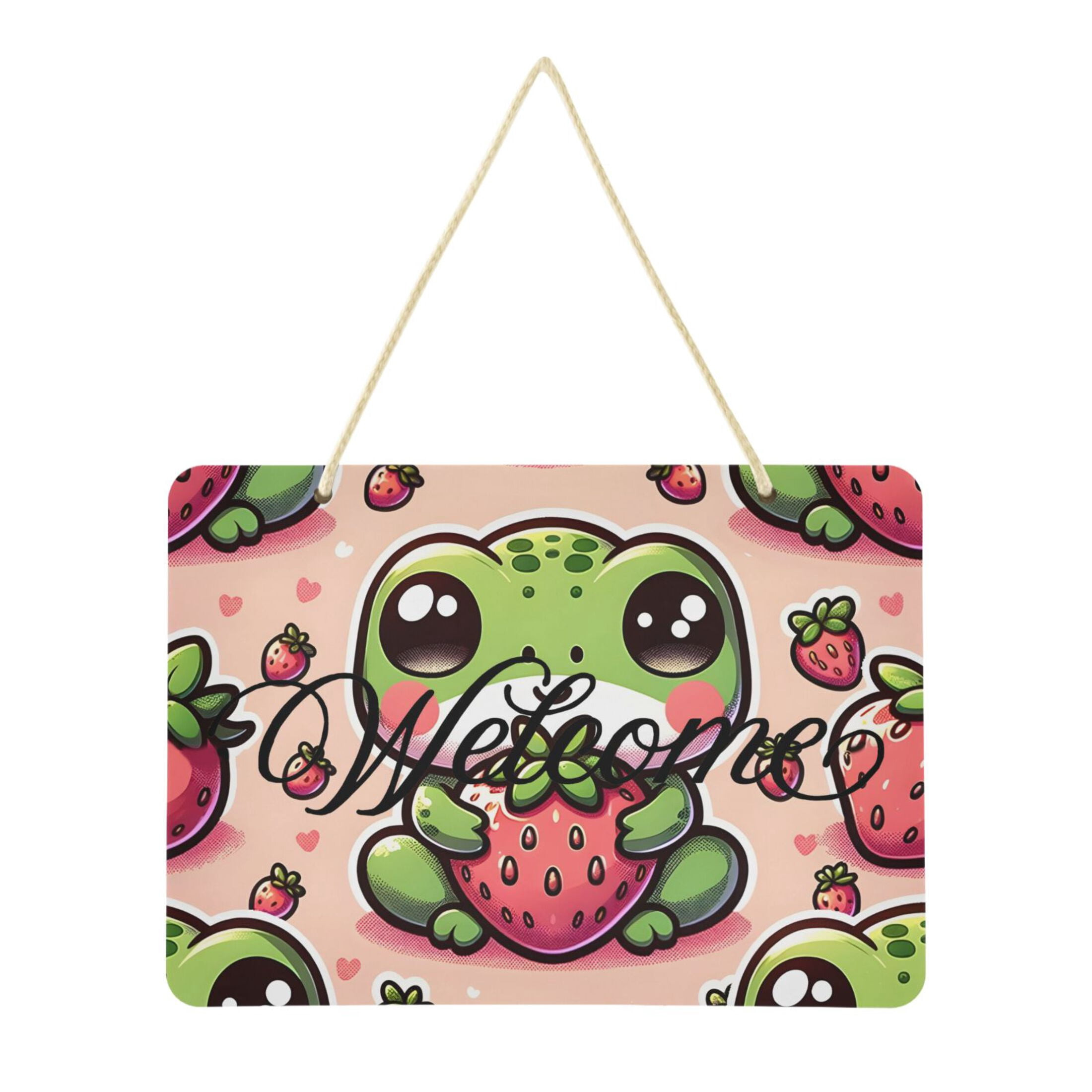 Cute Frog and Strawberry Welcome Sign Front Door PVC 14x10 inch Hanger ...