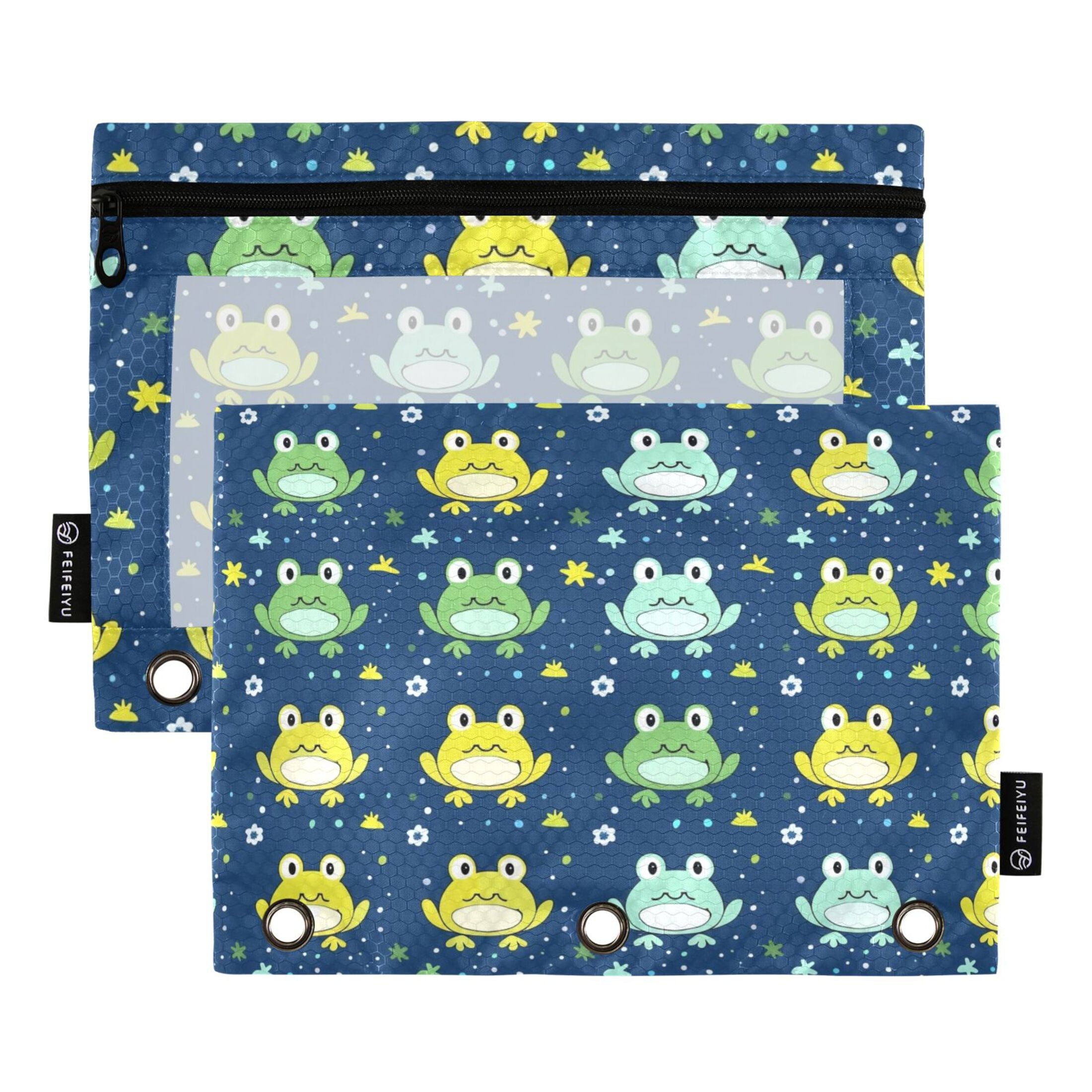 Cute Frogs with Flowers 2 Pack Pencil Pouch for 3 Ring Binder Smooth ...