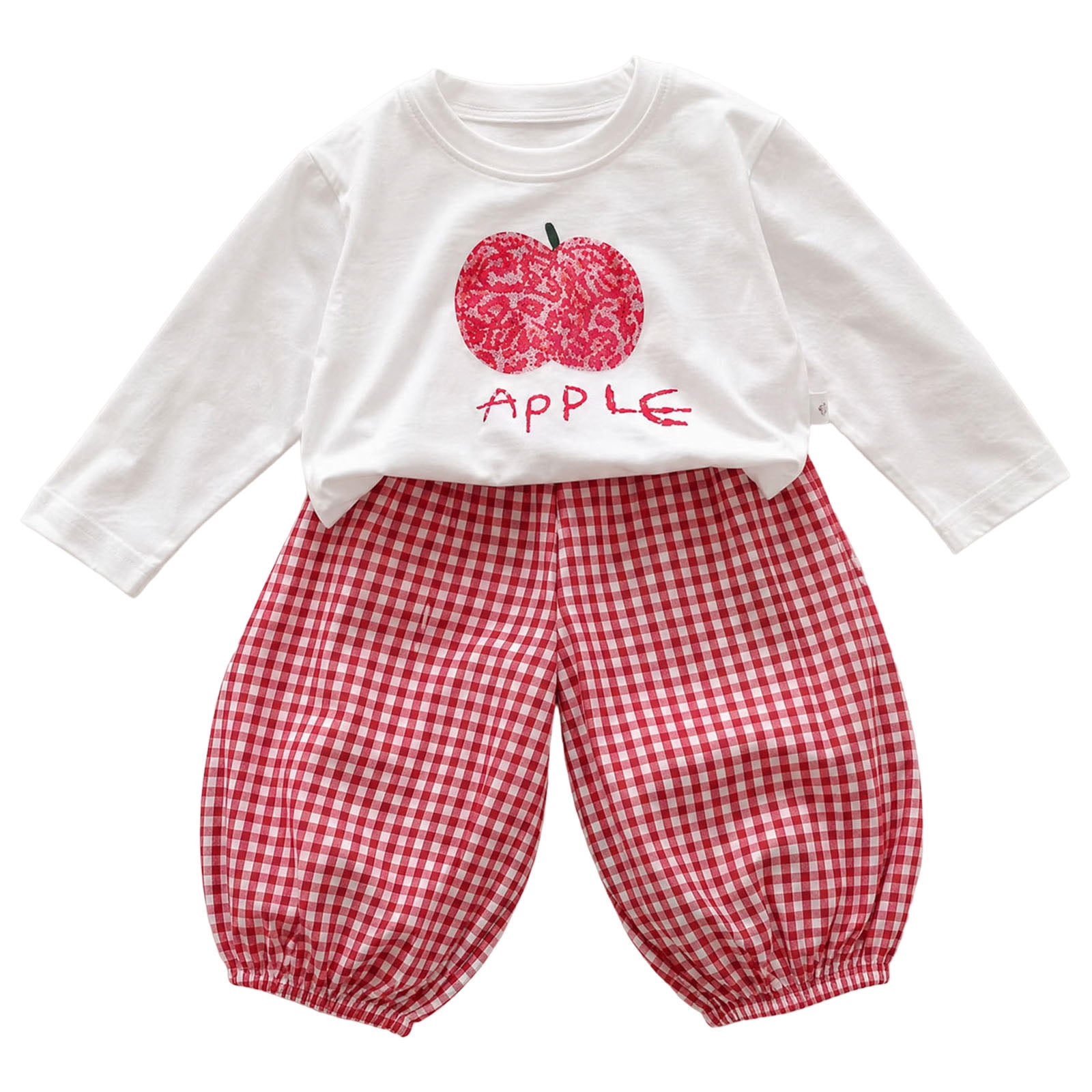 Cute Fruit Print Toddler Long Sleeve Top & Plaid Harem Pants Set, Baby ...