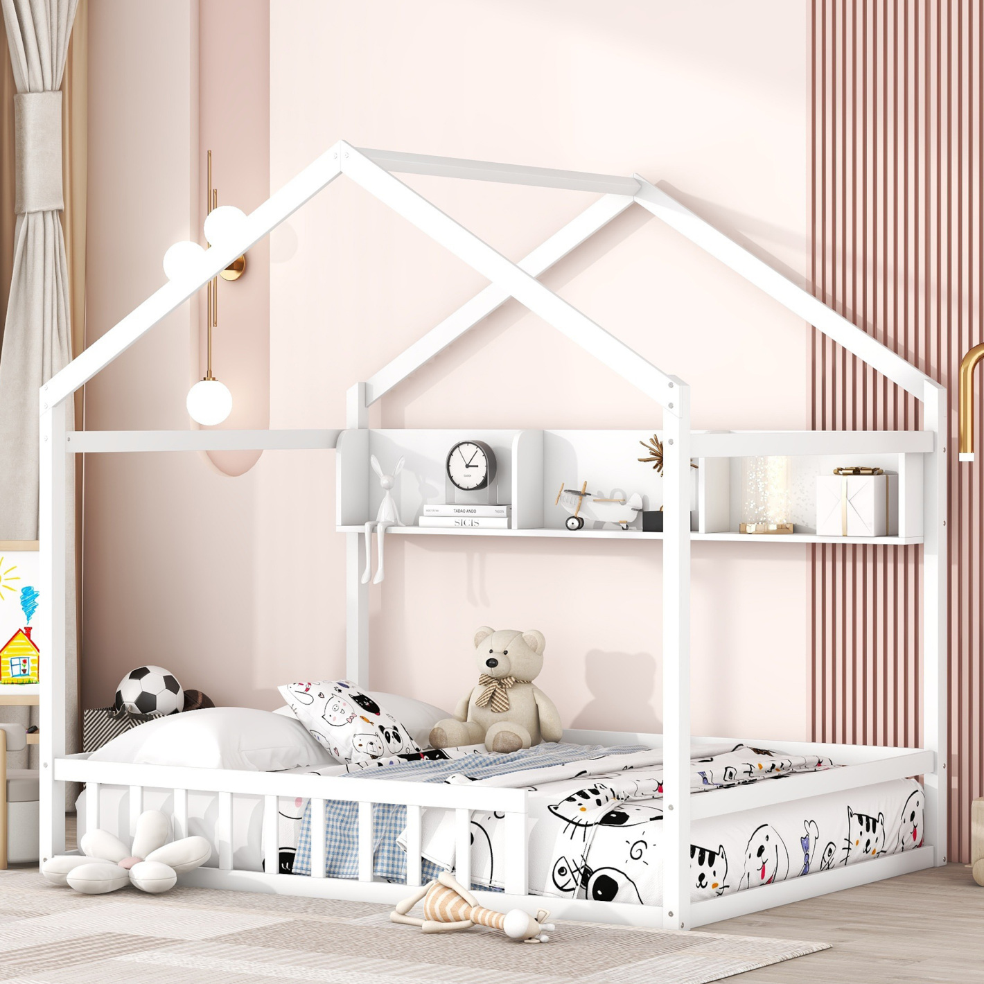 Cute Full Size House Bed with Roof and Storage Shelf, Wooden Kids Bed ...