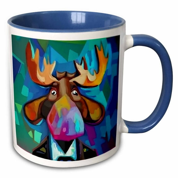 3drose, Cute Funny Colorful Moose Face in Cubism Style Nature Abstract Art, 11oz Two-tone Blue ...