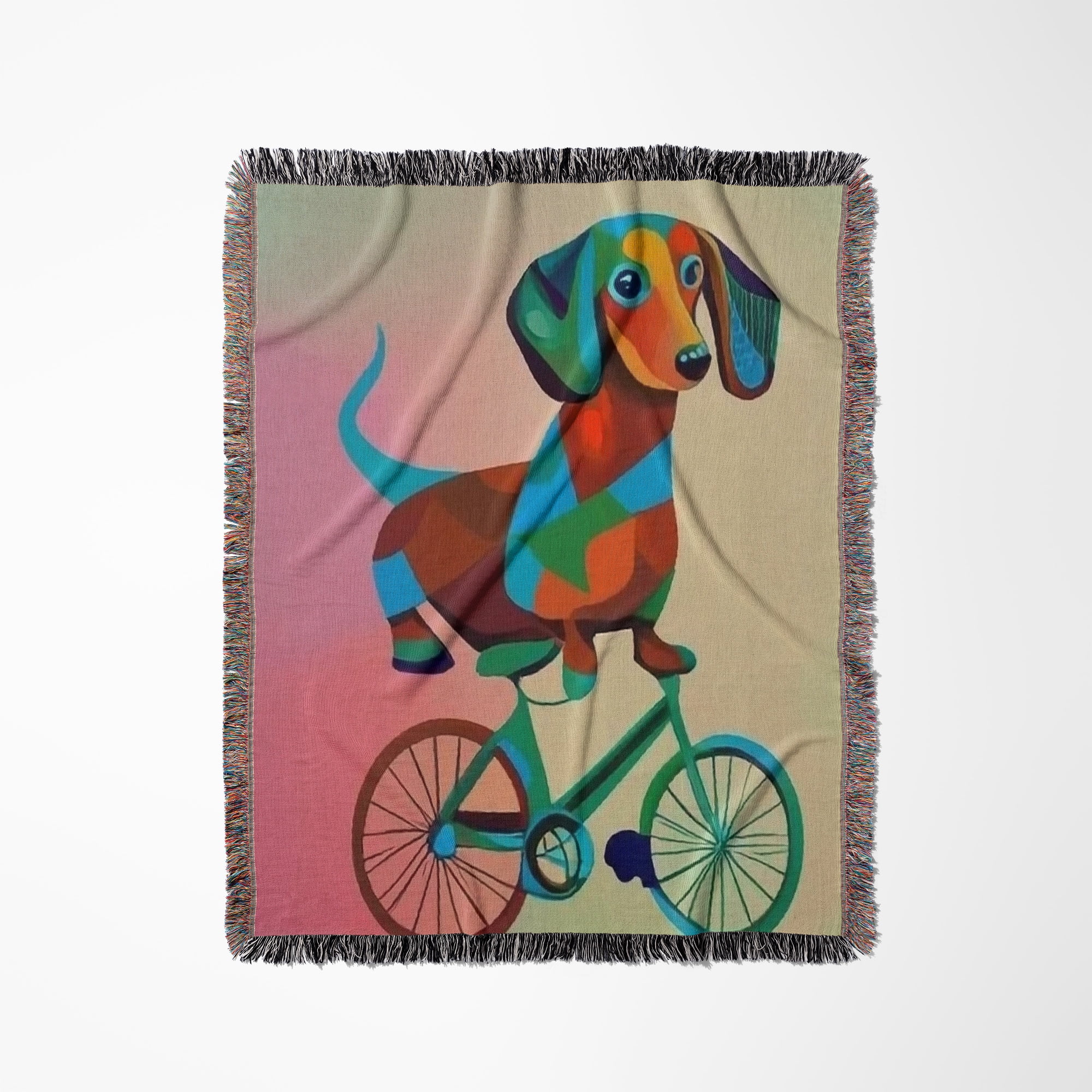 Cute Funny Dachshund Puppy Dog Riding Bicycle Cubism Style Art, Woven ...
