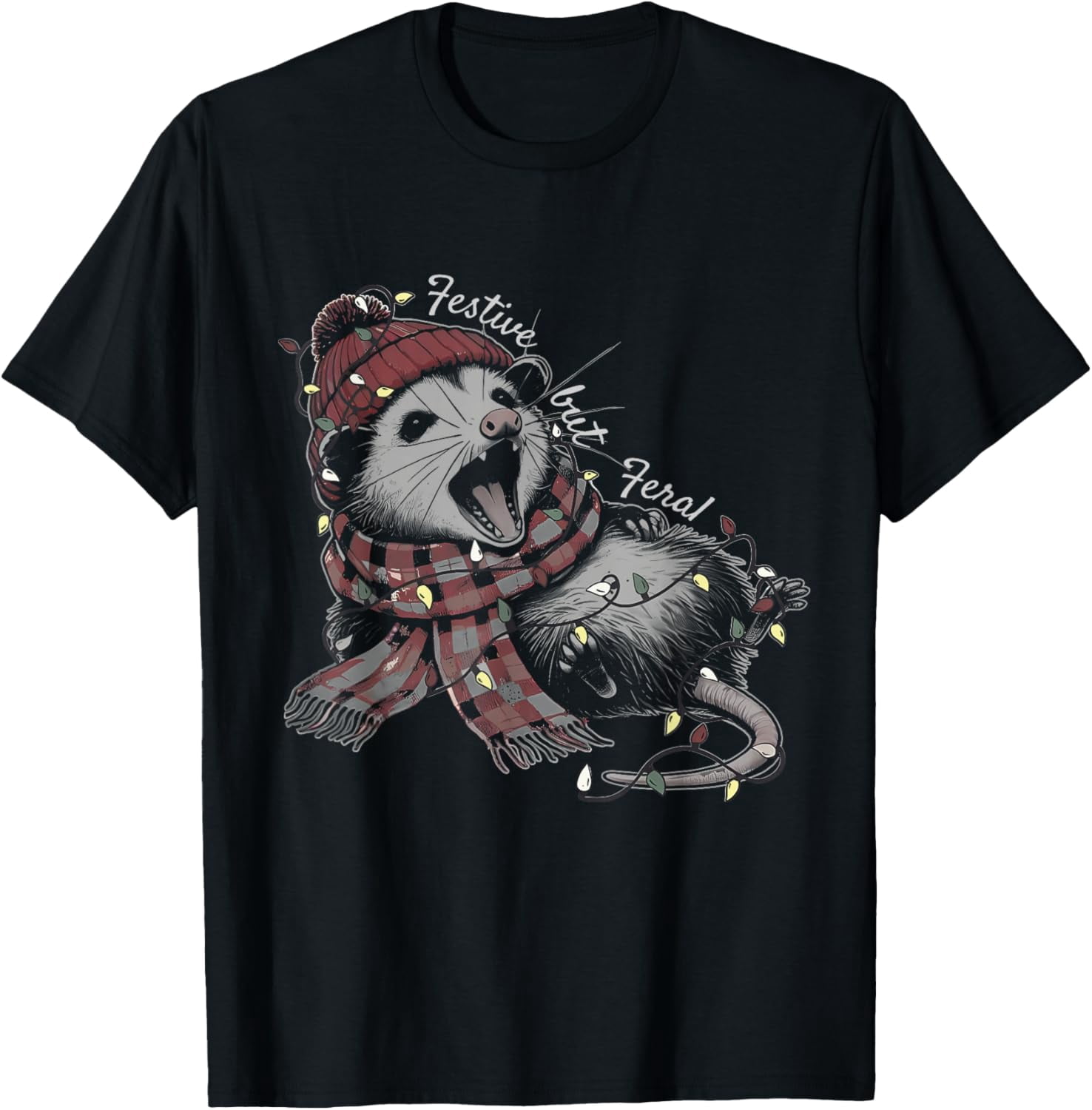 Cute Funny Festive But Feral Opossum Christmas Tree Lights T-Shirt Tops ...