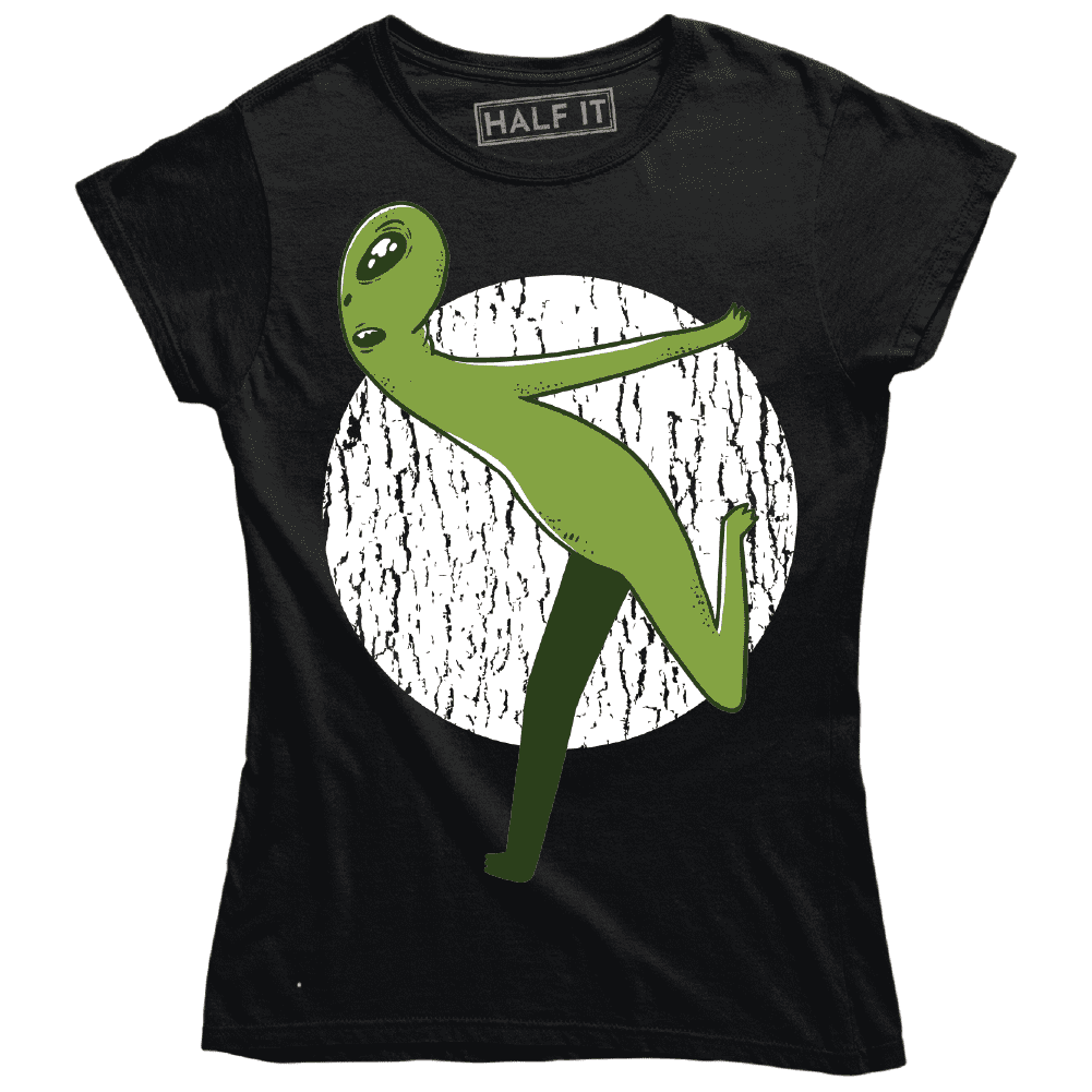 Cute Funny Green Space Alien Running With Moon Women's T-Shirt ...