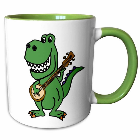 3drose, Cute Funny Green T-rex Dinosaur Playing Banjo Cartoon, 15oz Two ...