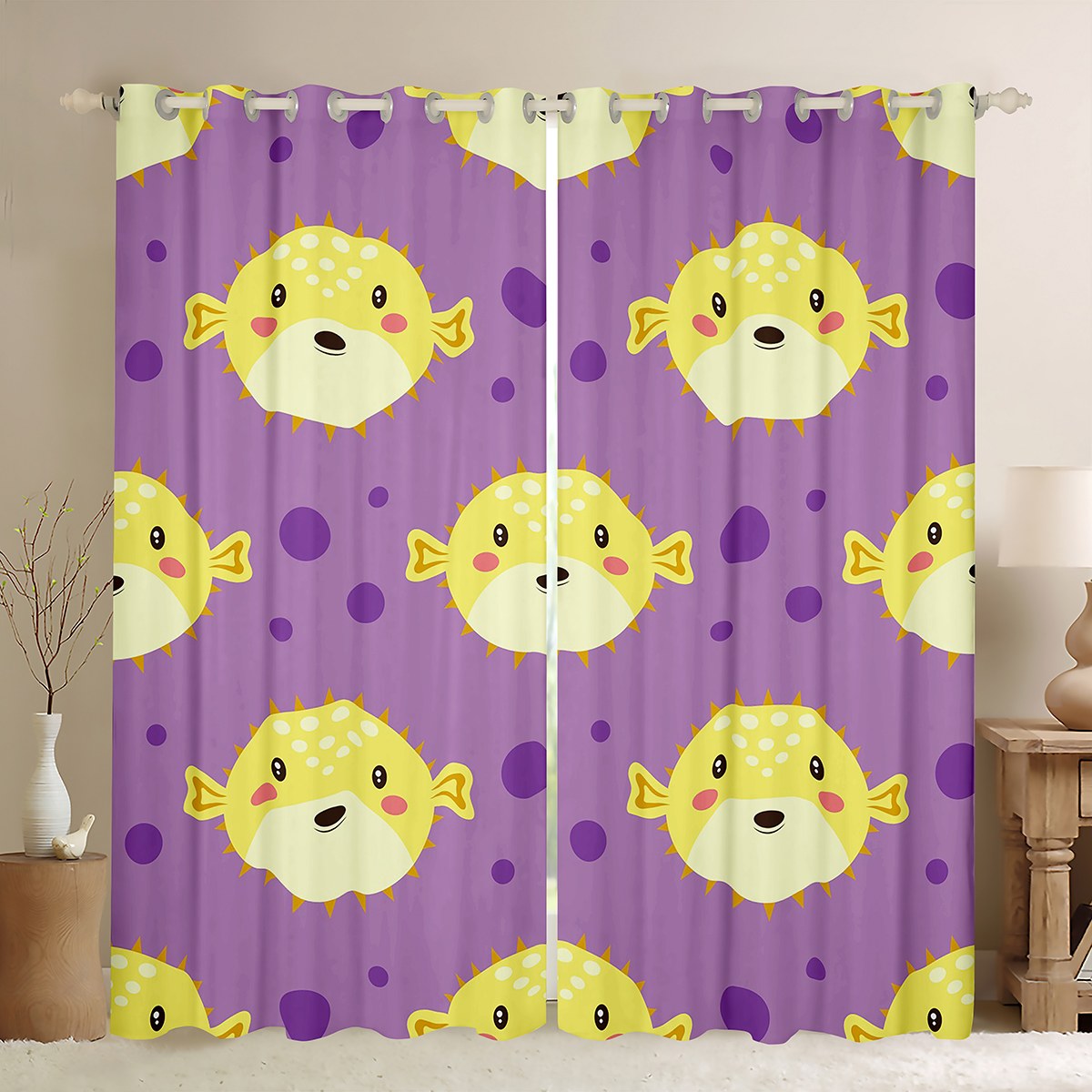Cute Funny Puffer Fish Curtains 42"x84" Set of 2 Panels Cartoon Ocean ...