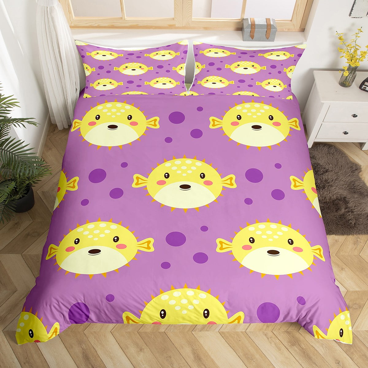 Cute Funny Puffer Fish Duvet Cover Twin Size Kids Cartoon Ocean Animals ...