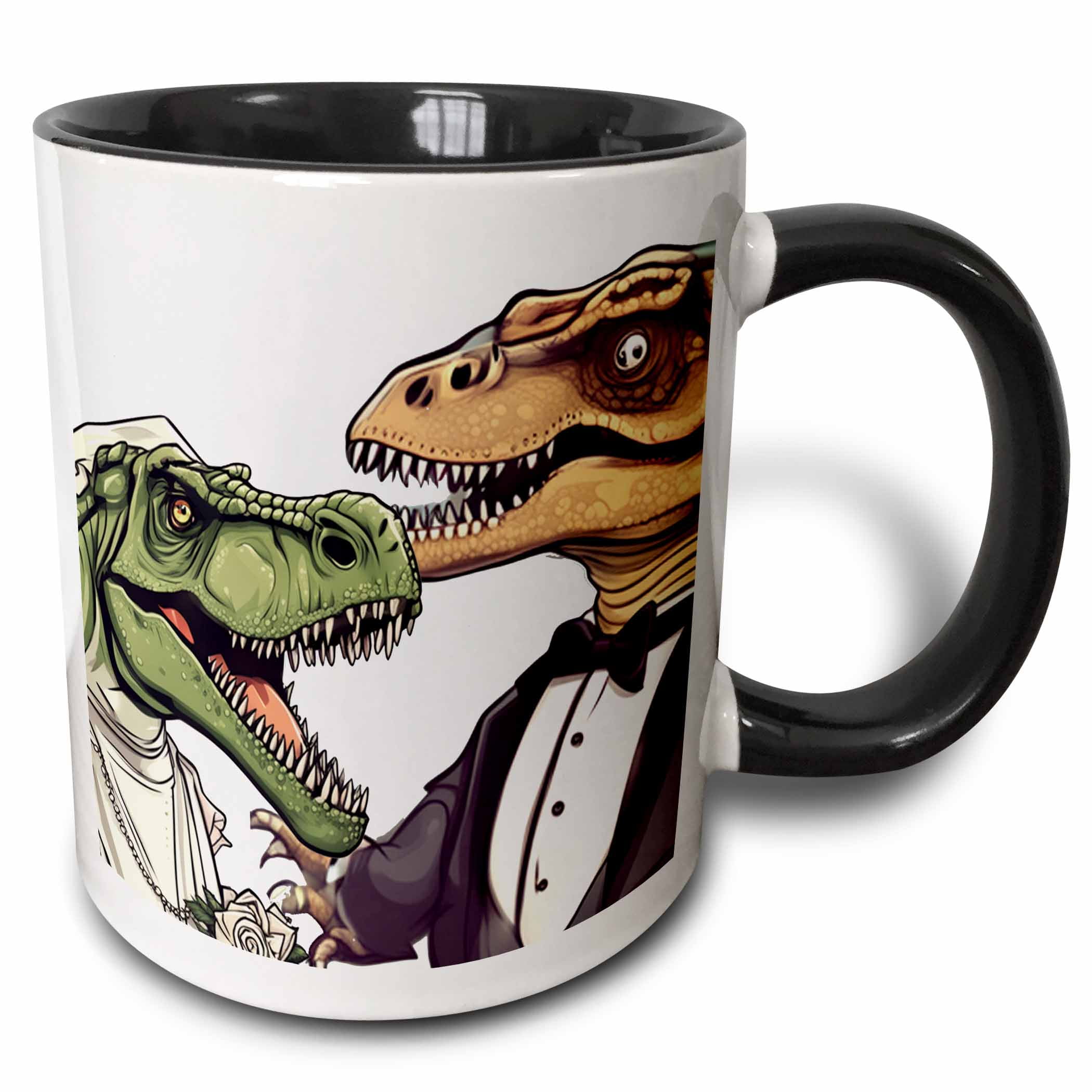 3drose, Cute Funny T-rex Dinosaur Bride and Groom Wedding Cubism Style, 11oz Two-tone Black Mug ...