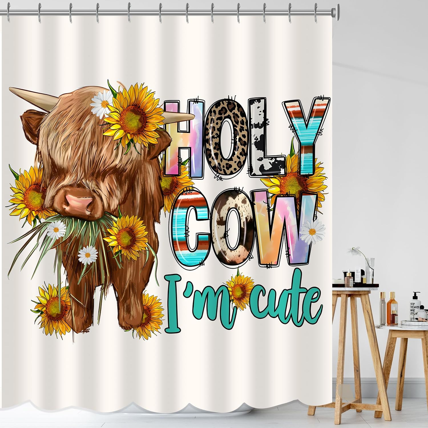 Cute Furry Cow Shower Curtain, Funny Letters Holy Cow I am Cute Print Shower Curtain with Hooks ...