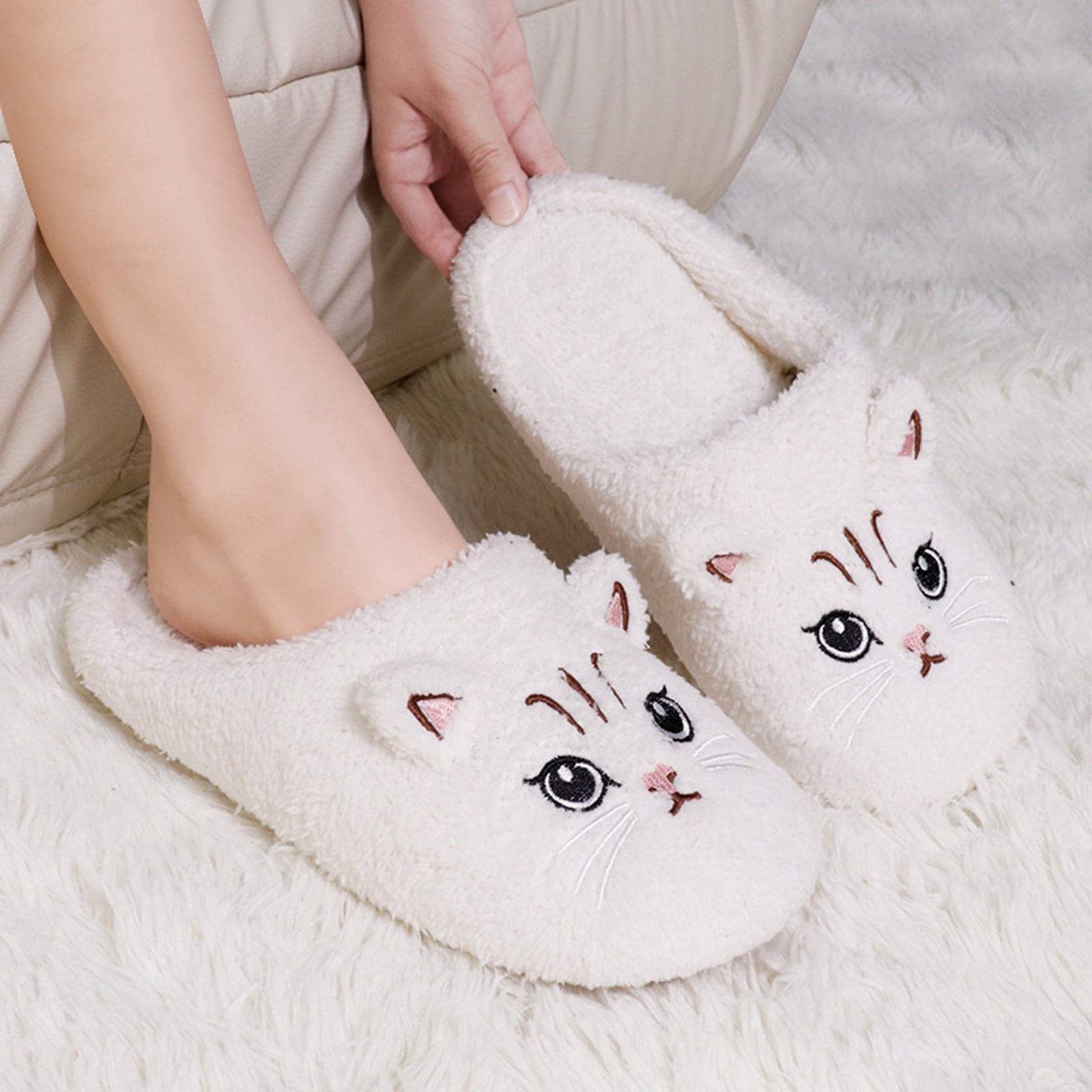Cute Fuzzy Cat Slippers for Women Cozy House Slippers Non Slip Indoor ...