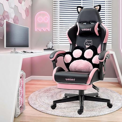 Cute Gaming Chair with Lumbar Cushion and Decorated Ears, Ergonomic ...