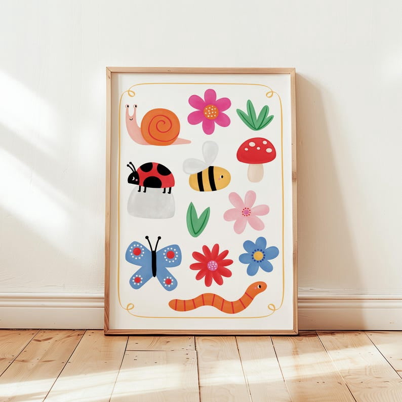 Cute Garden Animals Poster Snail Bee Ladybug Butterfly Kids Room Wall ...