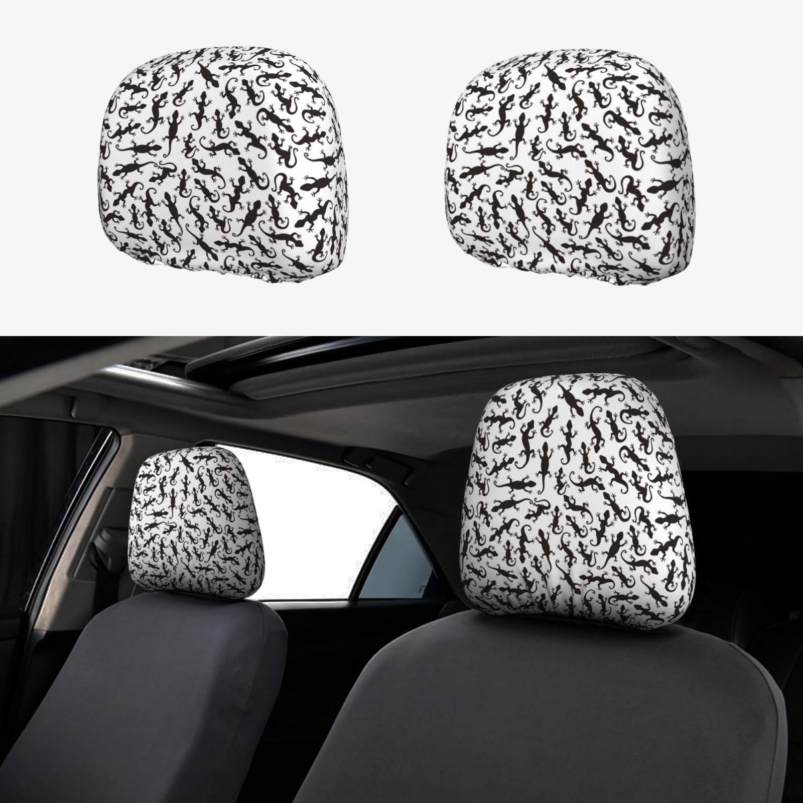 Cute Gecko Lizard Black Headrest Cover for Cars, 2Pack Car Headrest ...