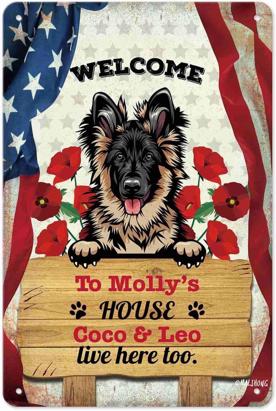 Cute German Shepherd Dog Sign American Flag Sunflower Welcome Metal ...