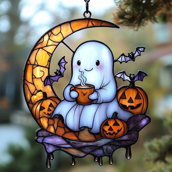 Cute Ghost Acrylic Suncatcher, Faux Stained Glass Halloween Window ...