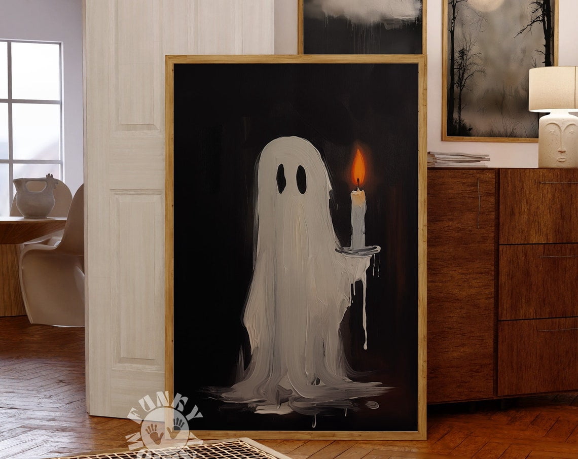 Cute Ghost Art Print, Ghost Painting, Decor, Ghost Holding A Candle ...