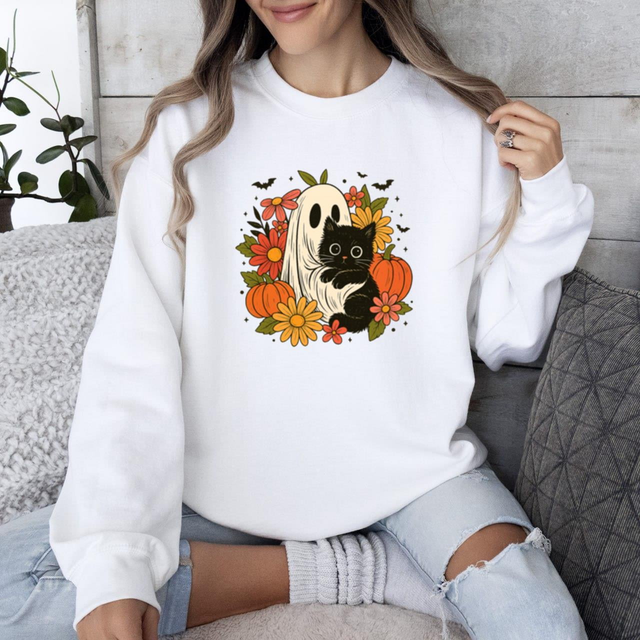 Cute Ghost Black Cat and Pumpkins Halloween Graphic Sweatshirt, up to ...