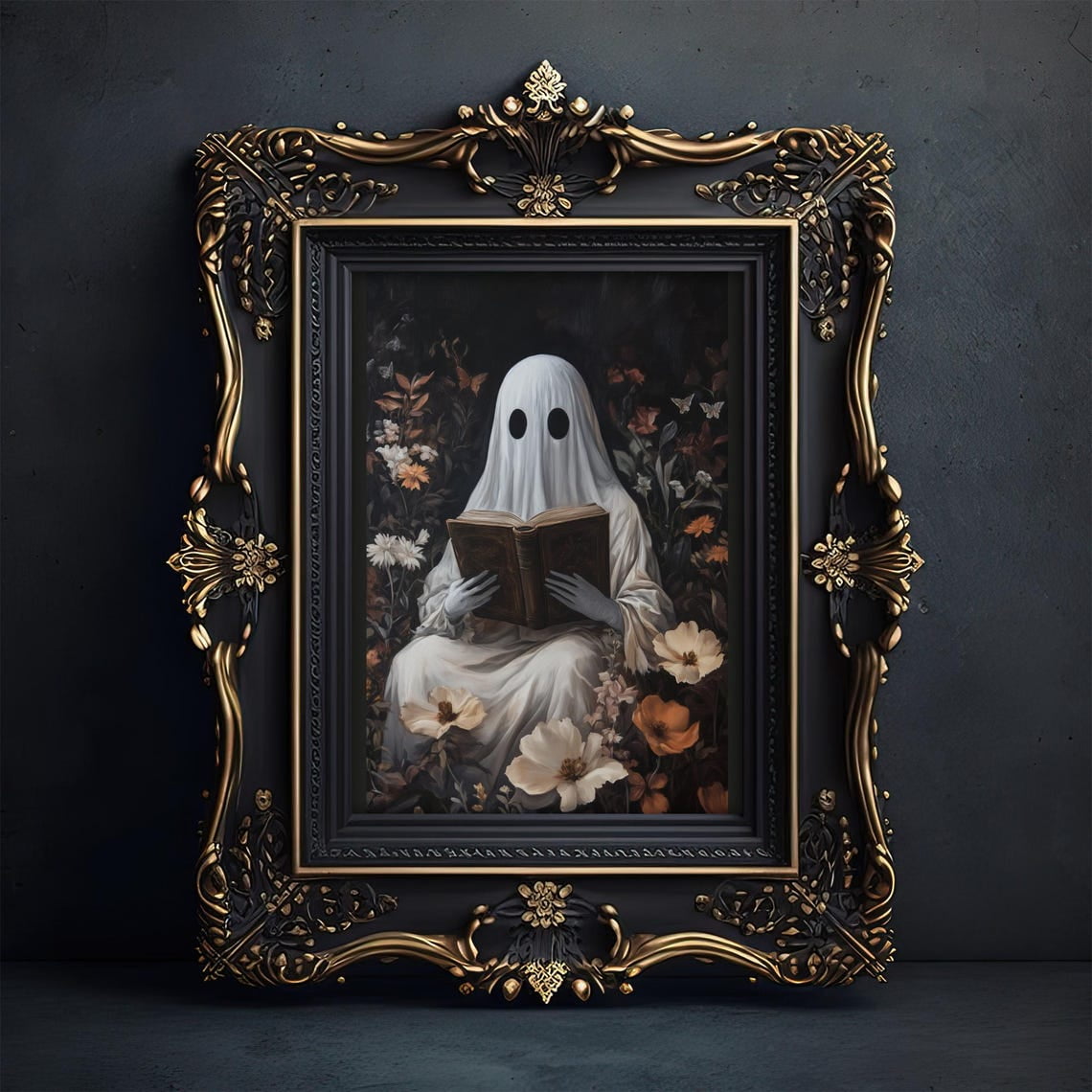 Cute Ghost Book Reading Wall Art, Cottagecore Decor, Vintage Ghost Wall Poster, Dark Academia ...