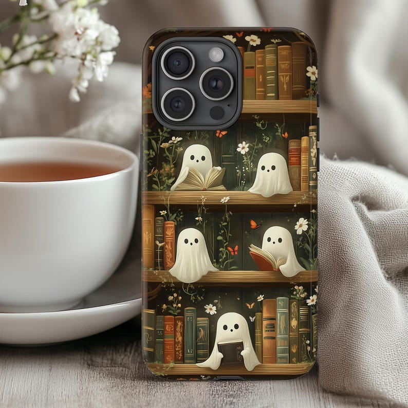 Cute Ghost Bookcase Phone Case, Spooky Floral Bookshelf Aesthetic ...