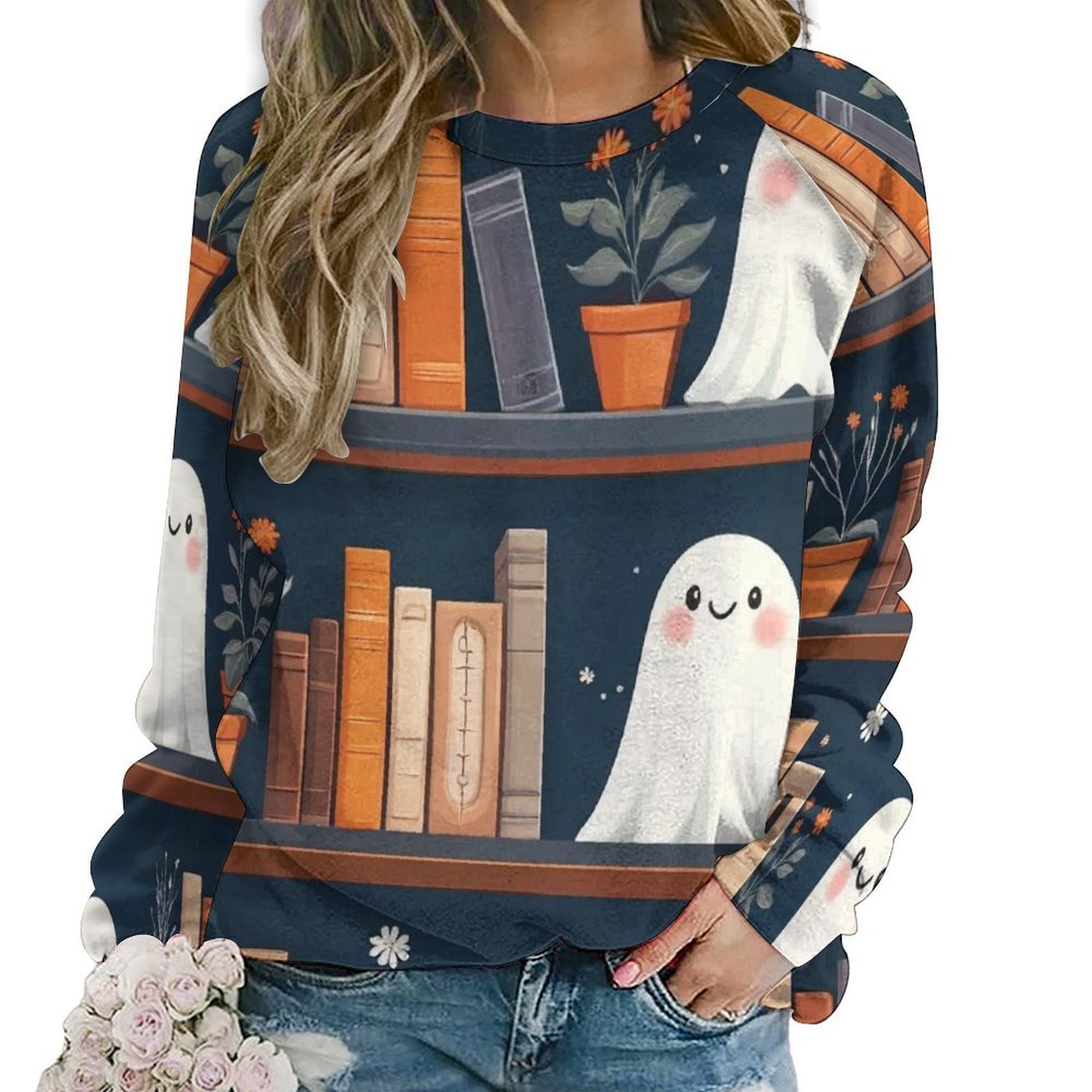 Cute Ghost Bookshelf Art Women Casual Long Sleeve Hoodie Streetwear ...