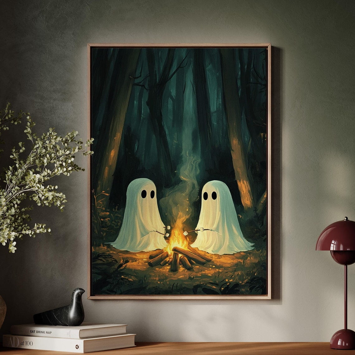 Cute Ghost Camping Art Print, Spooky Wall Decor, Cozy Campfire ...