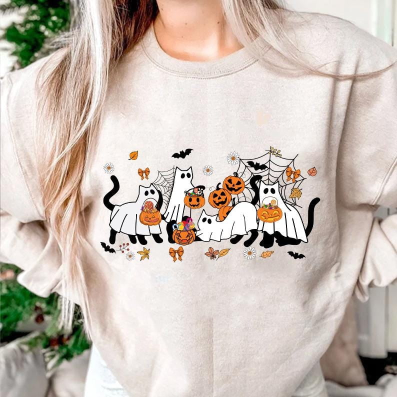 Cute Ghost Cat Sweatshirt, Halloween Shirt with Coquette Bow and Floral ...